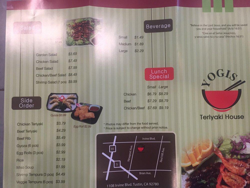 Carta del restaurante Yogis Teriyaki, Tustin, Irvine Blvd