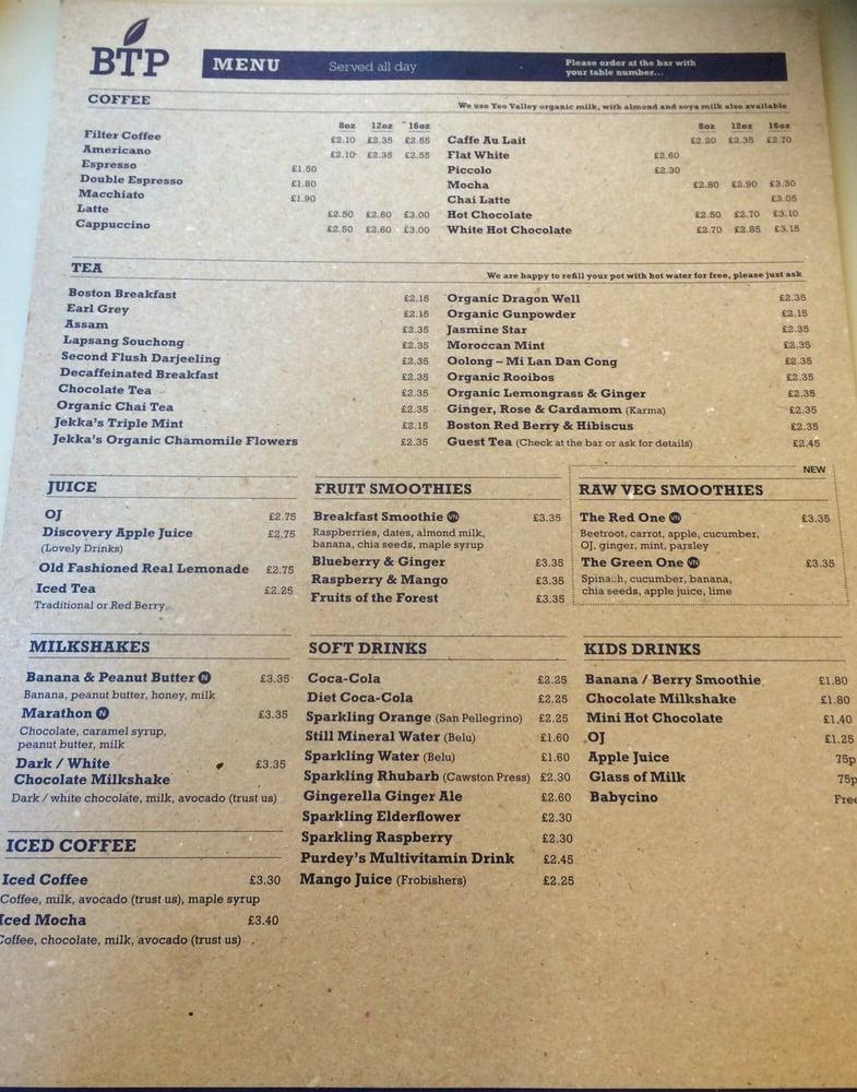 Menu at Boston Tea Party cafe, Stratford-upon-Avon