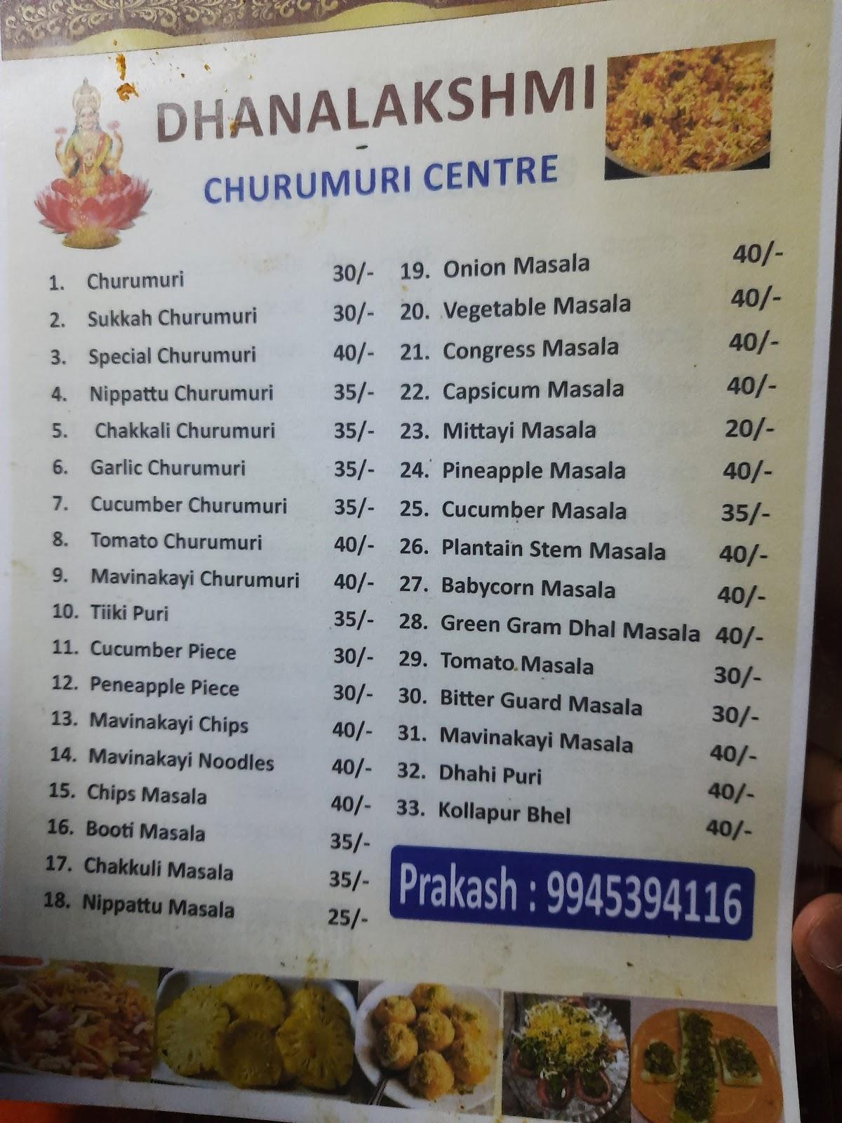 Menu at Dhanalakshmi Churmuri Center, Mysuru