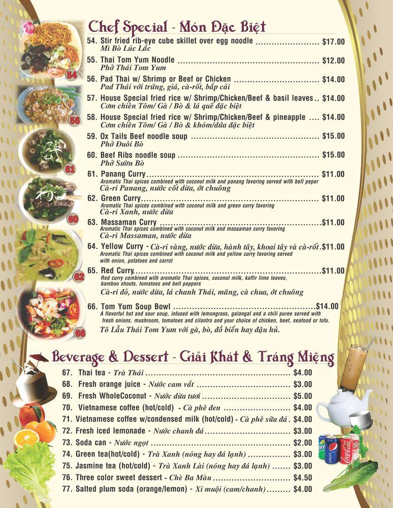 Menu at Pho House restaurant, Hemet