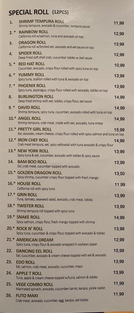 Menu at San Soo Kap San Sushi restaurant, Burlington