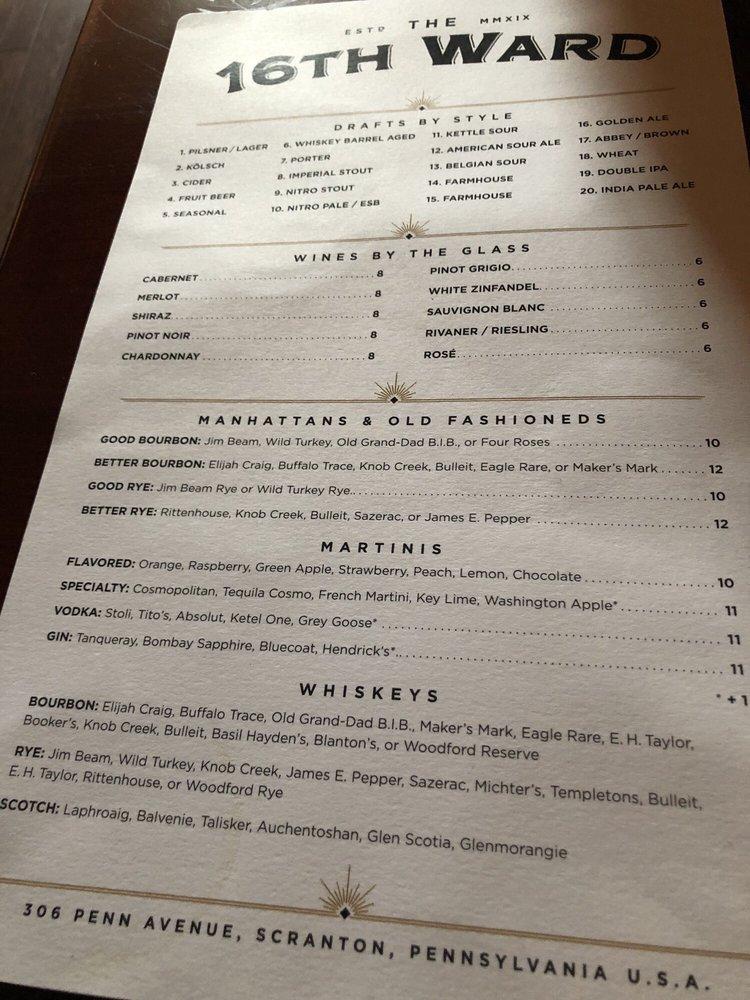 Menu at The 16th Ward pub & bar, Scranton