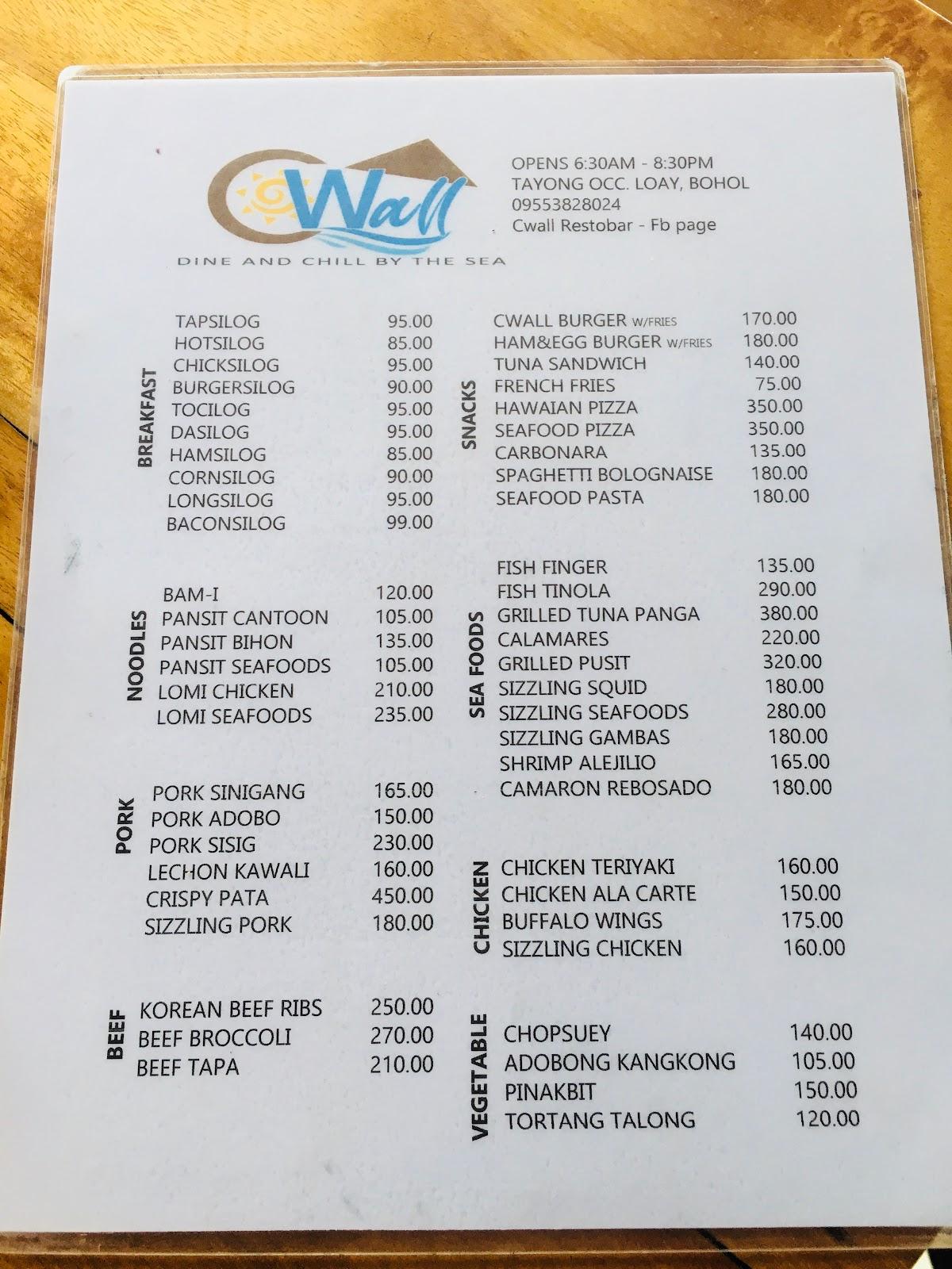 Menu at CWall Restobar, Lila