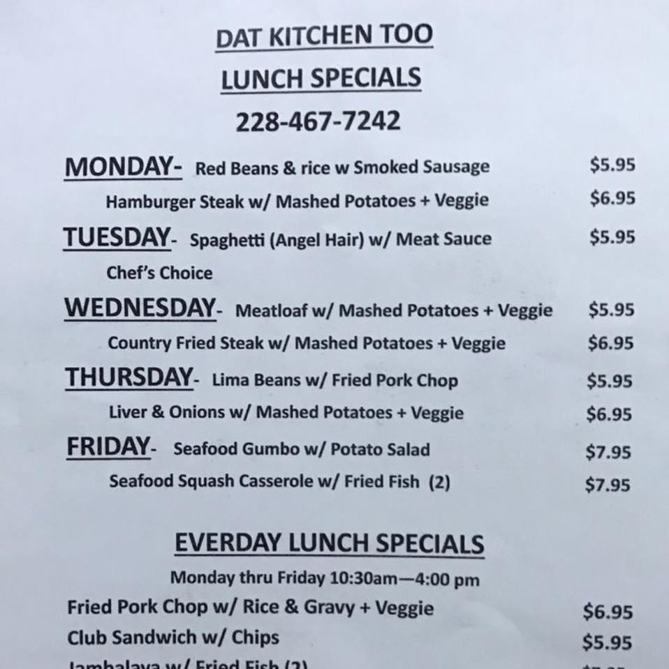 Menu at Dat Kitchen Too restaurant, Waveland, 714 US-90