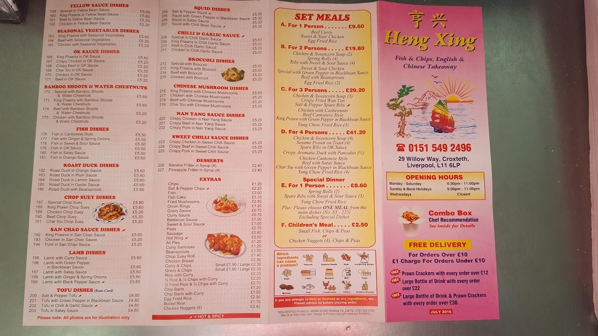 Menu at Heng Xing restaurant, Liverpool