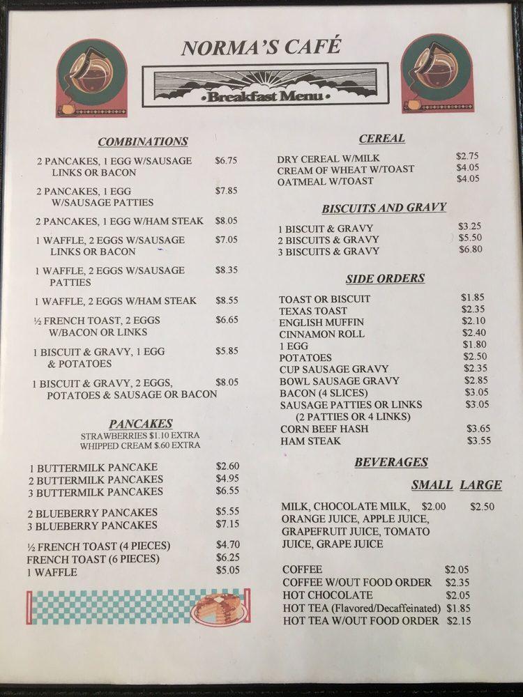 Menu at Norma's Cafe, Lockport