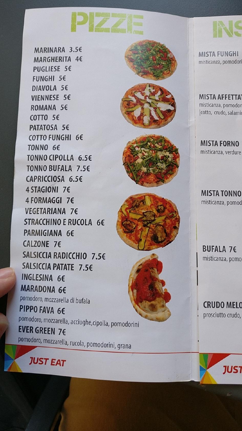 Carta de Pinsa Pizzeria, Padua, Corso Giuseppe Garibaldi