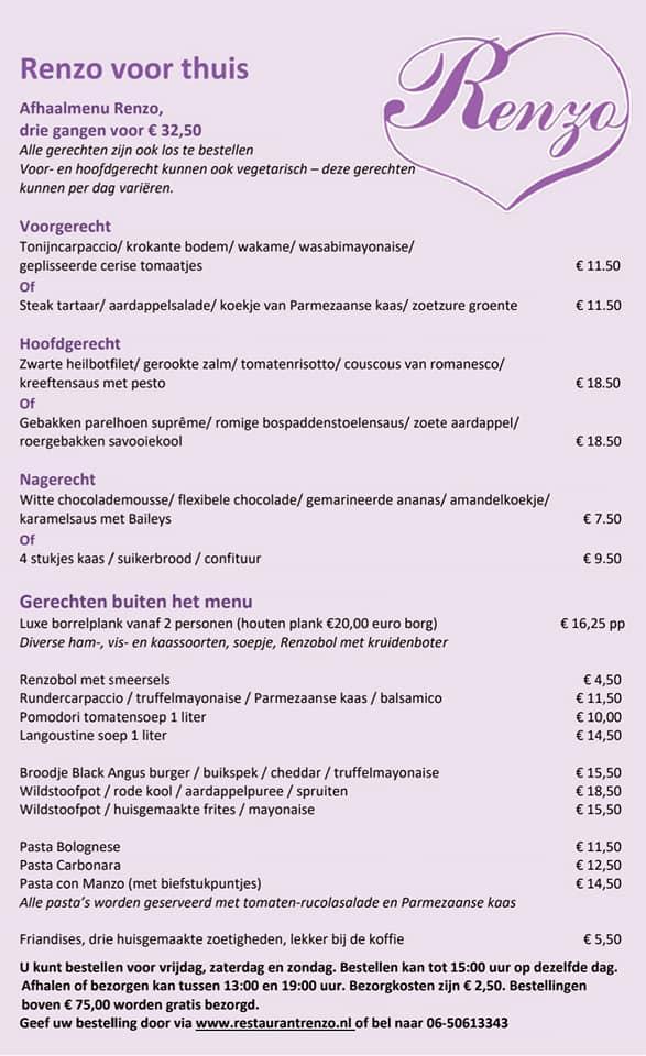 Menu at Renzo, Goirle, Tilburgseweg 32