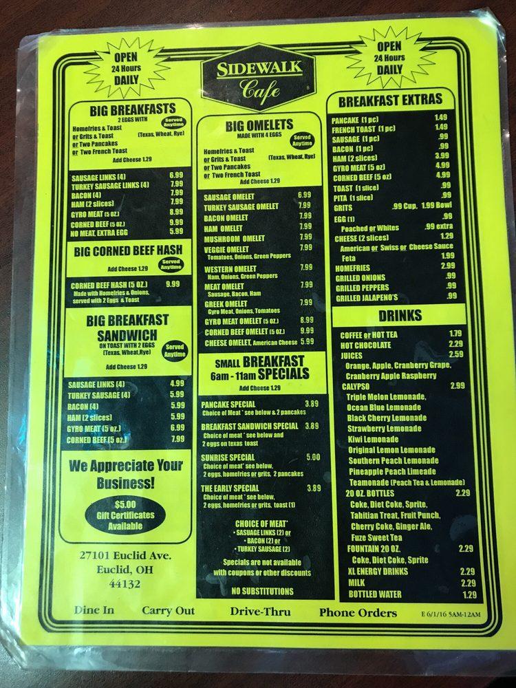 Menu at Sidewalk Cafe, Euclid