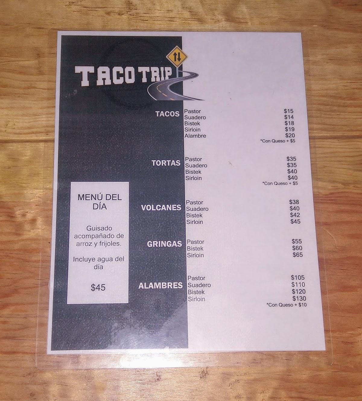 Menu at Taco Trip restaurant, Mexico City