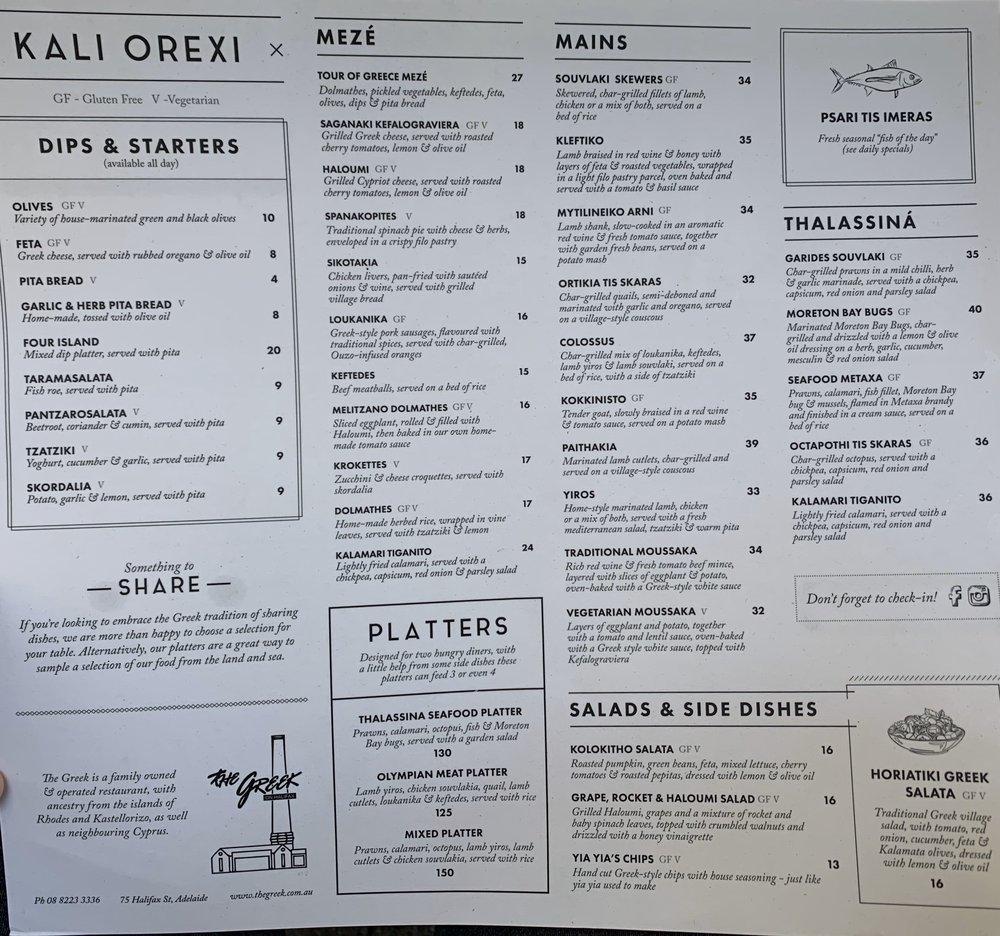 Menu at The Greek on Halifax restaurant, Adelaide