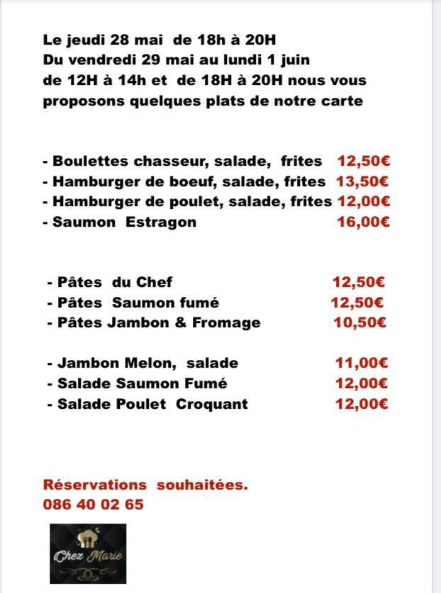 Menu at Chez Marie, Durbuy