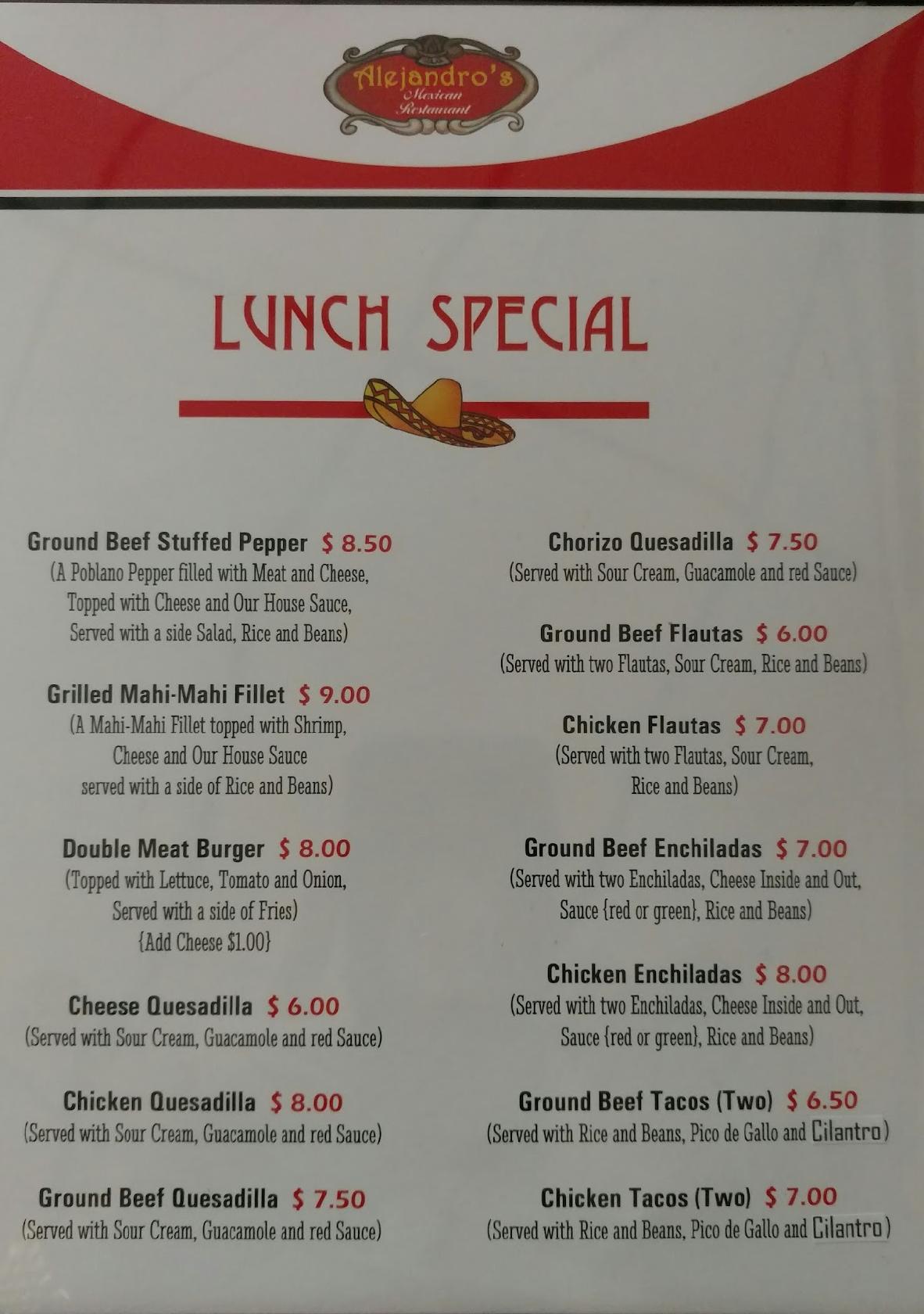 Menu at Alejandro's restaurant, Brooksville