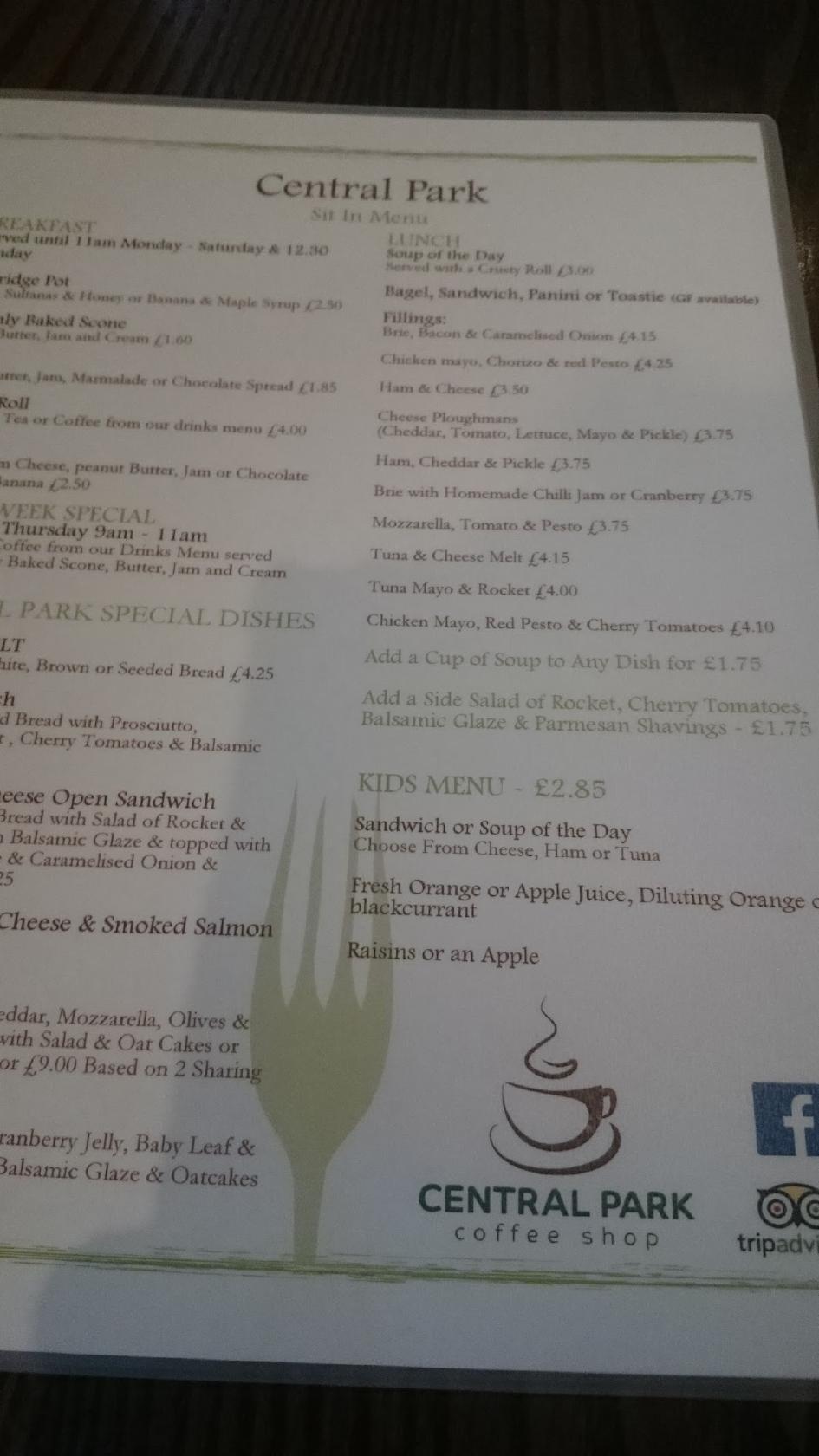 Menu at Central Park cafe, Kilmarnock