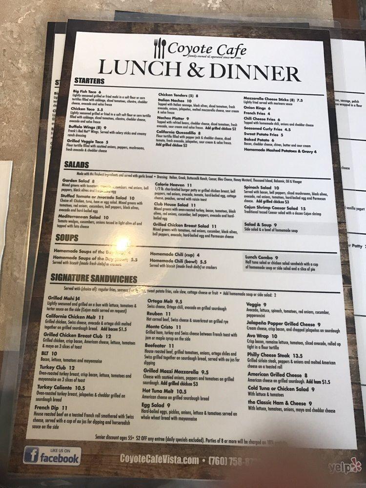 Menu at Coyote Cafe, Vista