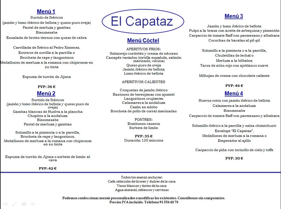 Menu at El Capataz steakhouse, Madrid