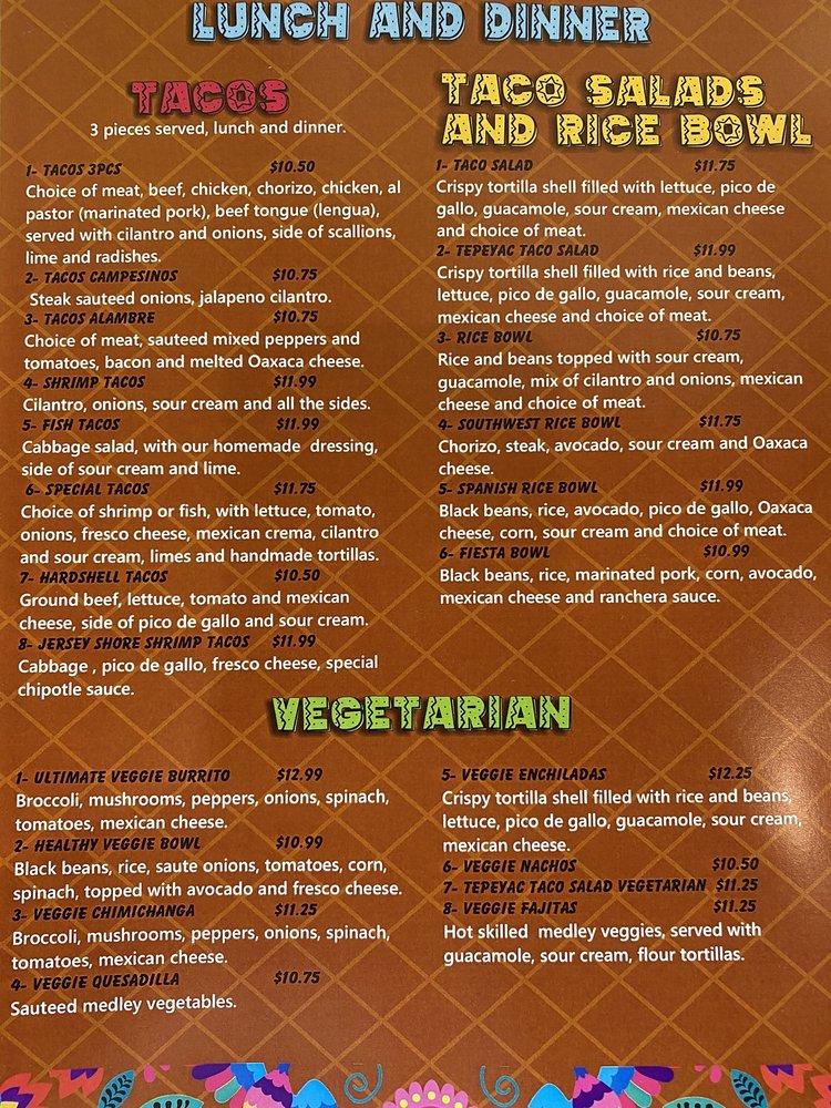 Menu at El Tepeyac Mexican restaurant, Stafford Township
