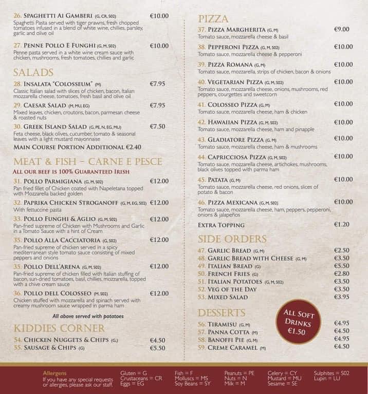 Menu at Il Colosseo restaurant, Athlone