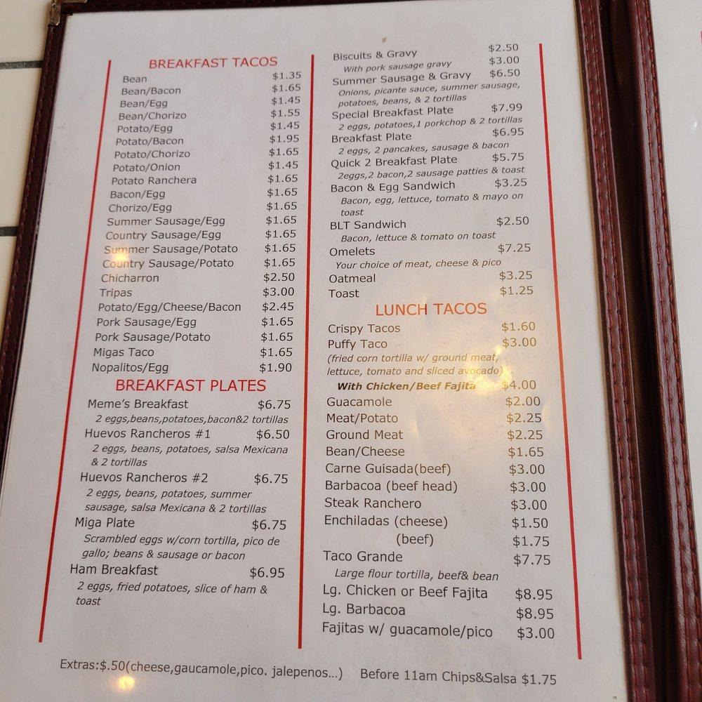 Menu at Meme's Mexican Restaurant, Luling