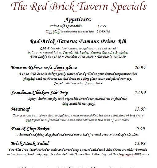 Menu at Red Brick Tavern pub & bar, London, Cumberland St