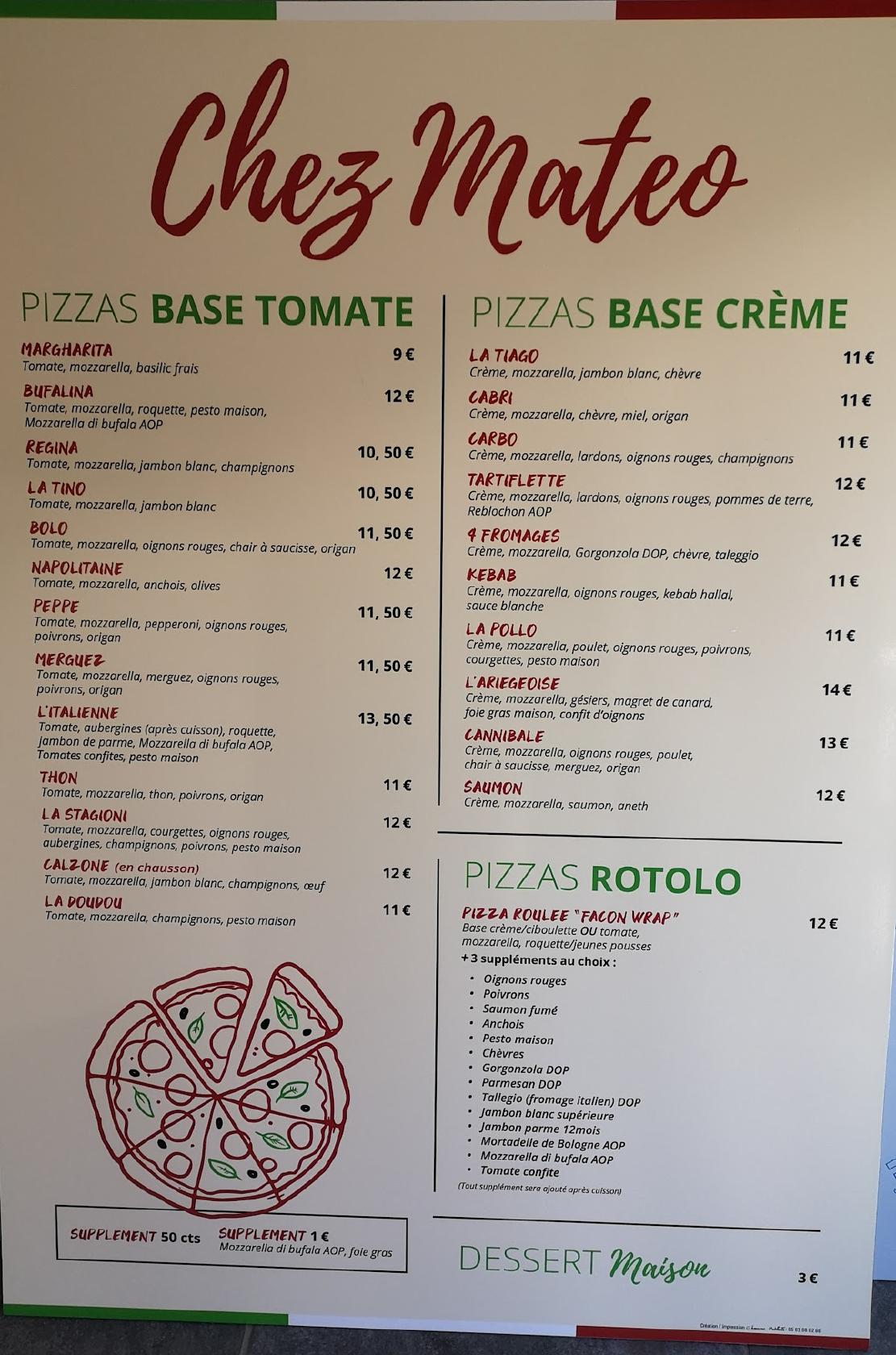 Menu au Chez Mateo pizzeria, Ax-les-Thermes