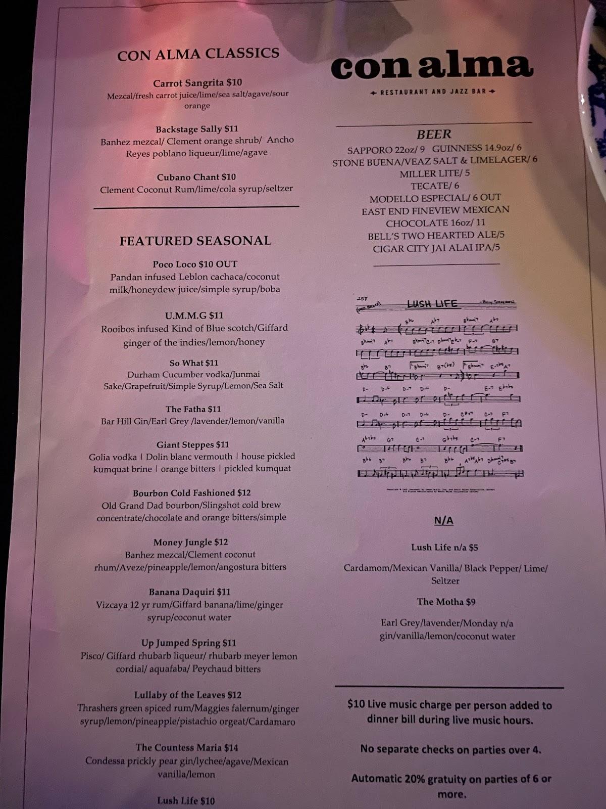 Menu at Con Alma pub & bar, Pittsburgh