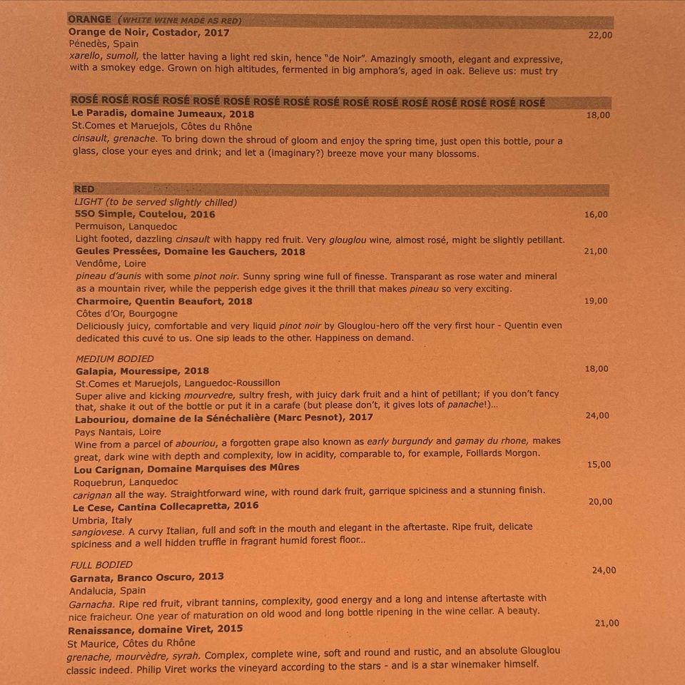 Menu at Glouglou, Amsterdam
