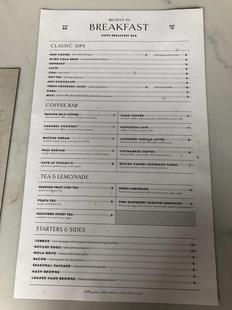 Carta de Hope Breakfast Bar - St. Paul, Saint Paul