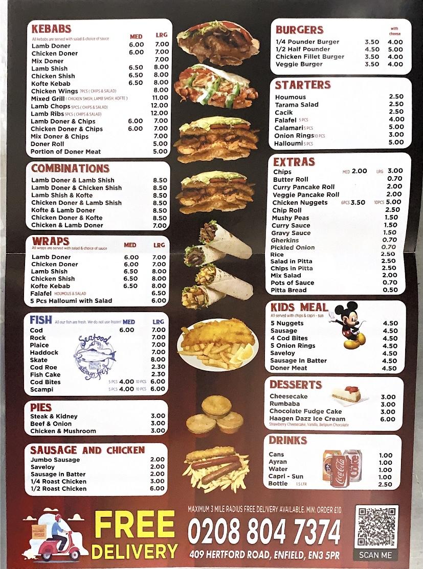 Menu at King Fisher cafe, Enfield, 409 Hertford Rd