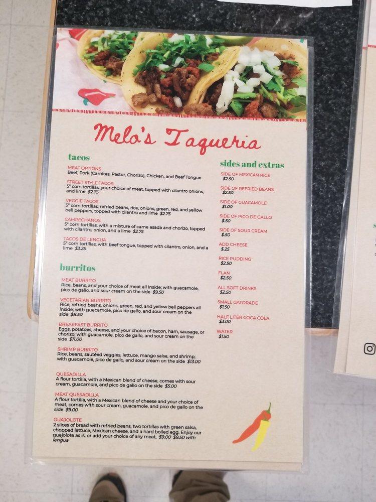 Menu at Melo's Taqueria restaurant, Lincoln City