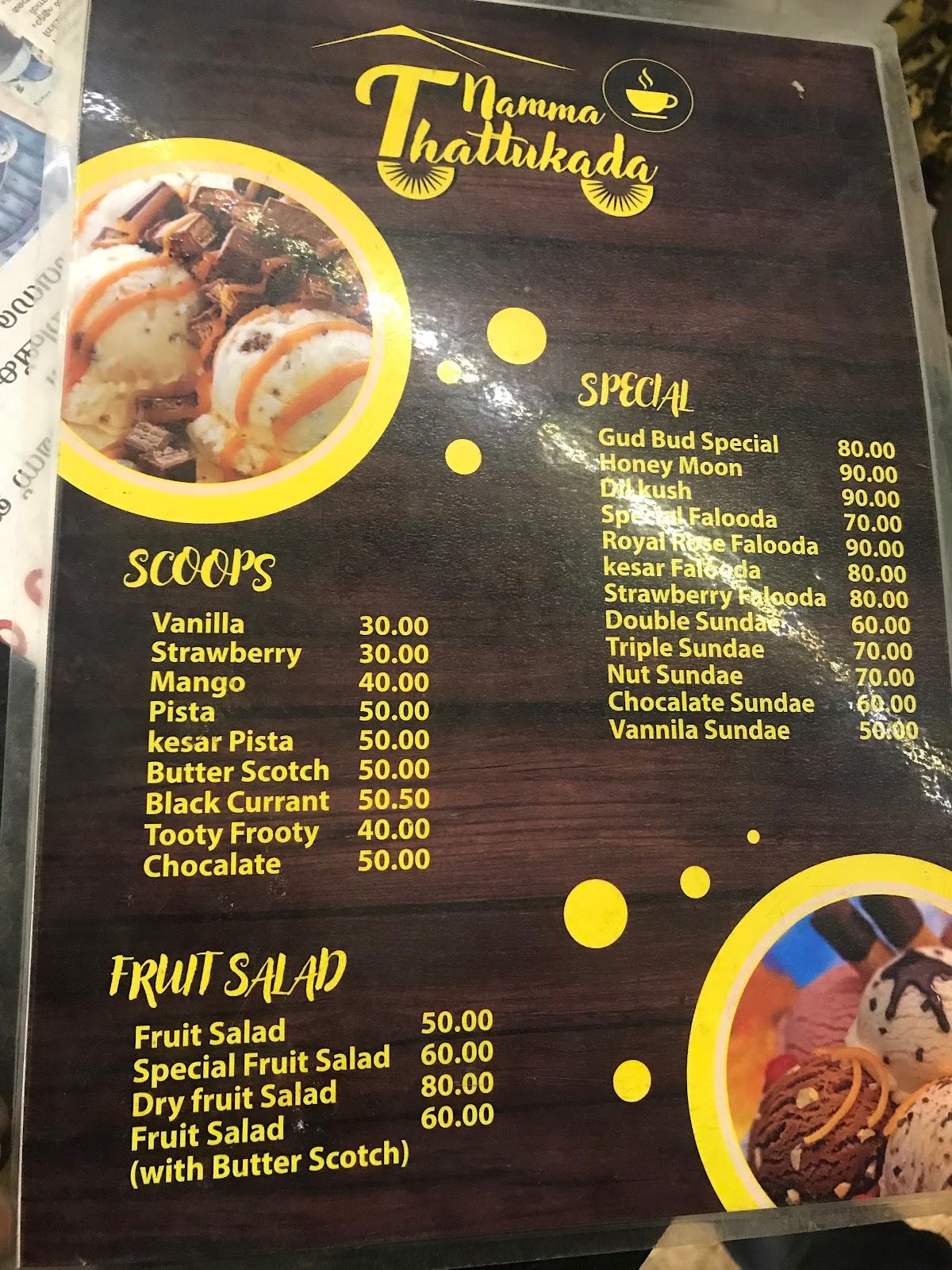 Menu at Namma Thattukada, Bengaluru