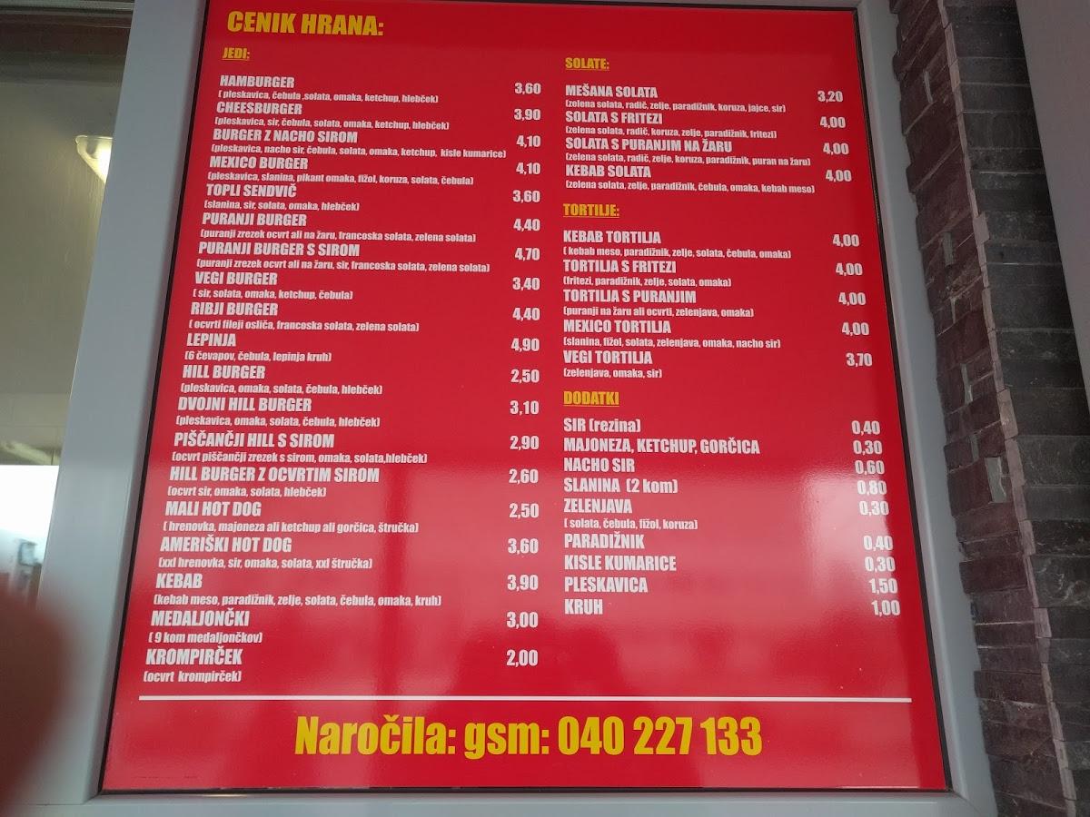 Menu at Okrepčevalnica hamburger Hill Klavdija Perko s.p. restaurant ...