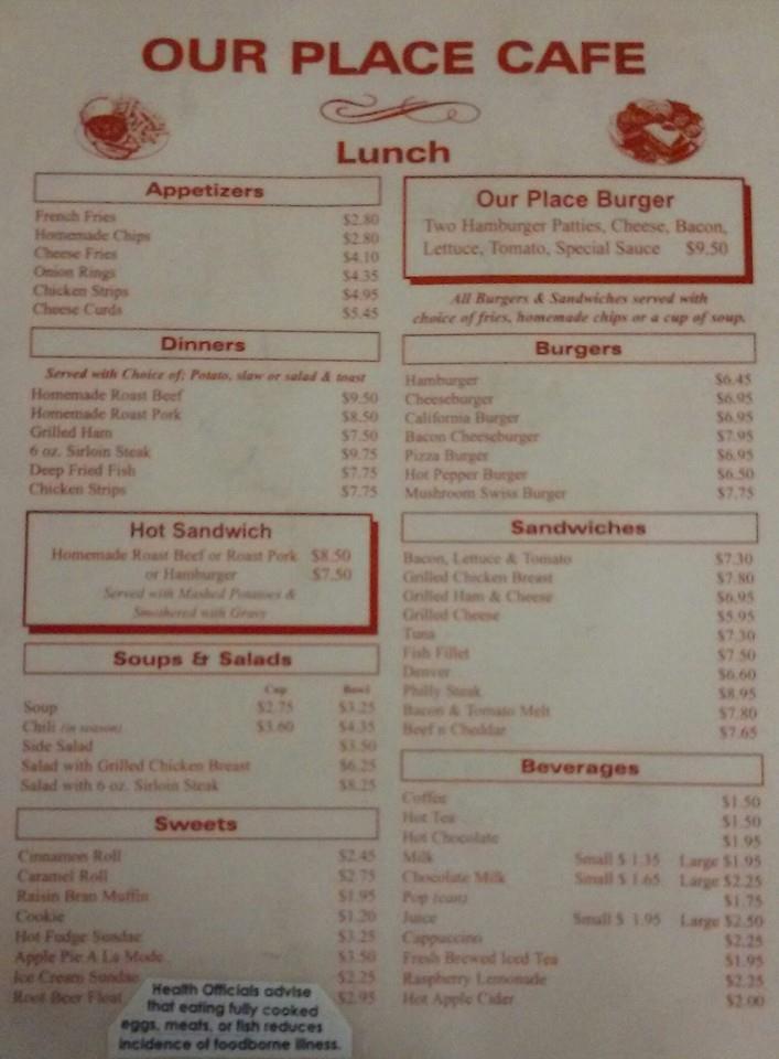 Menu at Our Place Cafe, Cumberland