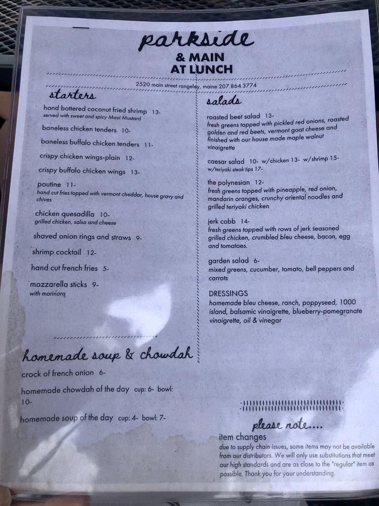 Menu at Parkside & Main restaurant, Rangeley