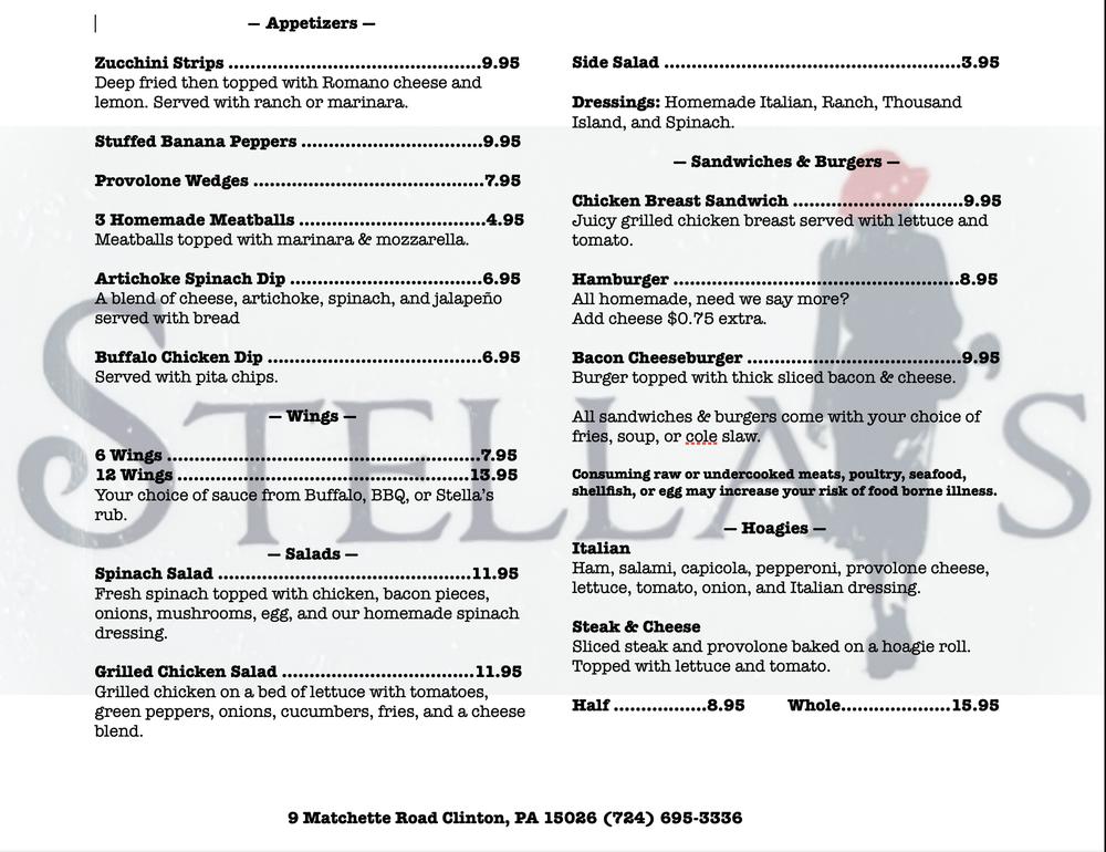 Menu at Stella's pub & bar, Clinton