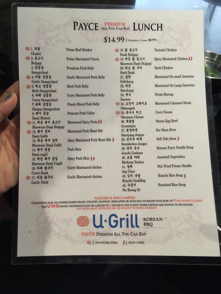 Carta de U Grill Korean BBQ, Rancho Cucamonga, Foothill Blvd