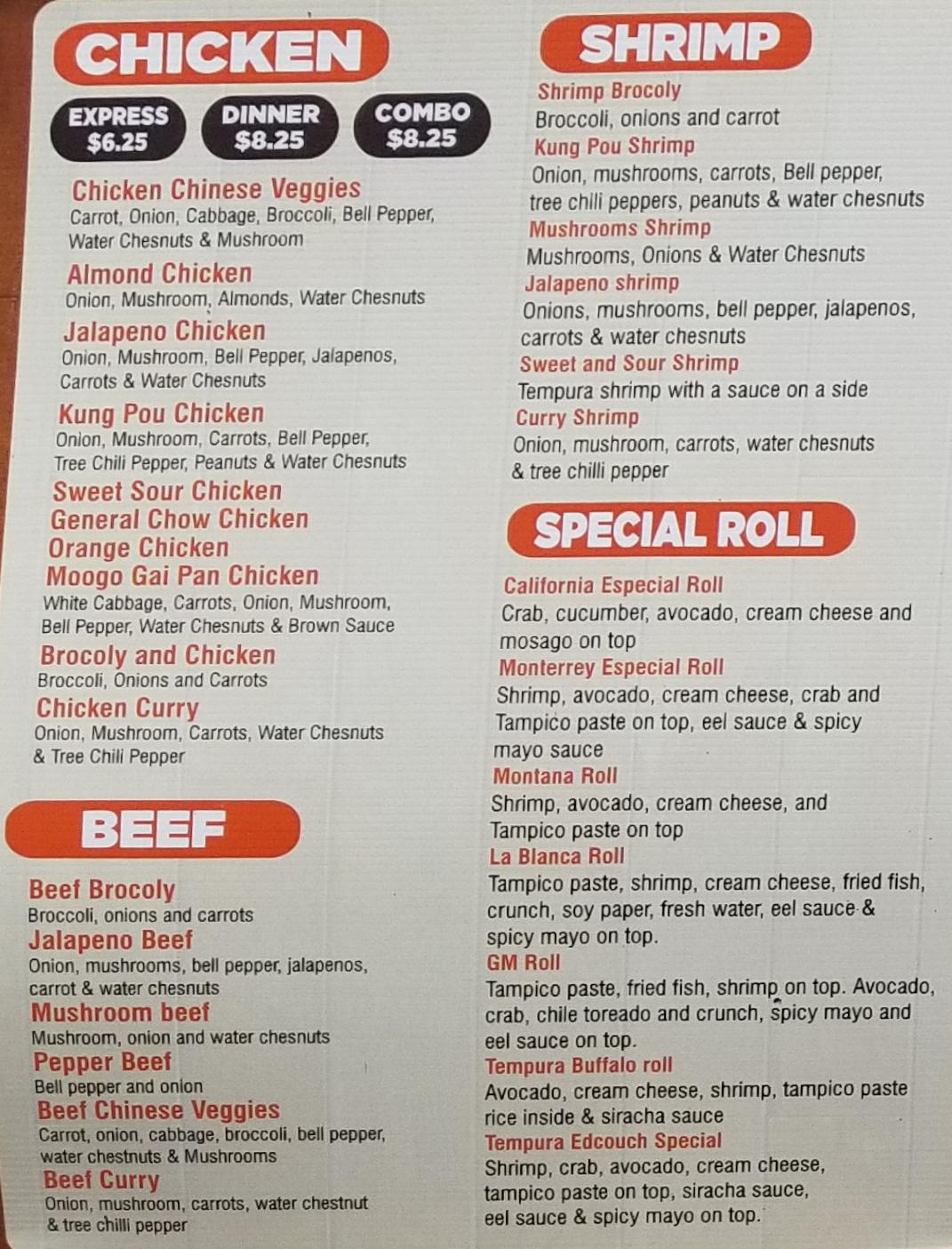 Menu at Beijing Express restaurant, Elsa