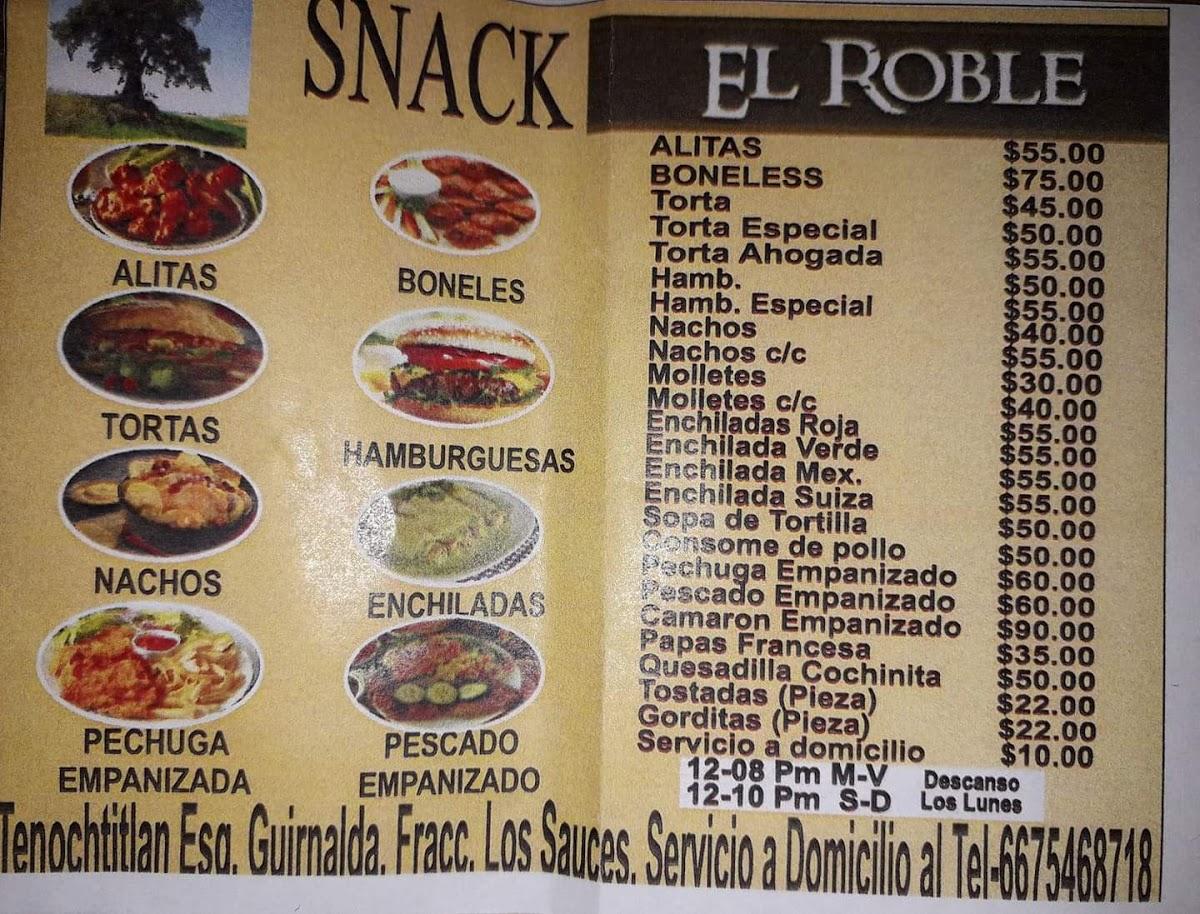 Menu at Snack el roble restaurant, Culiacán