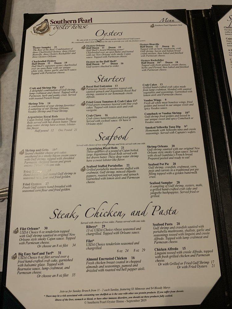 Menu at Southern Pearl Oyster House restaurant, Baton Rouge