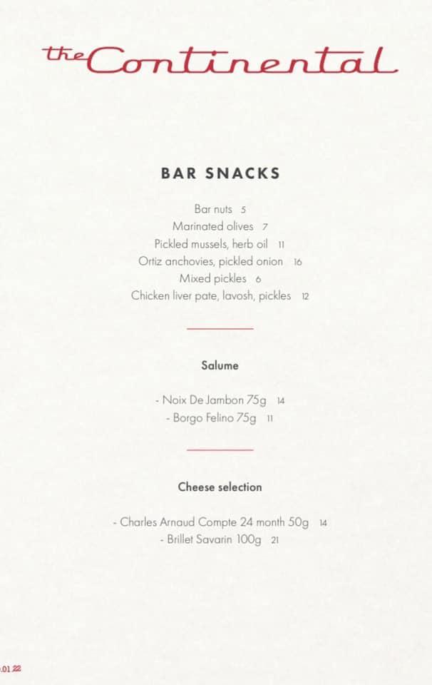 Menu at The Continental restaurant, Geelong