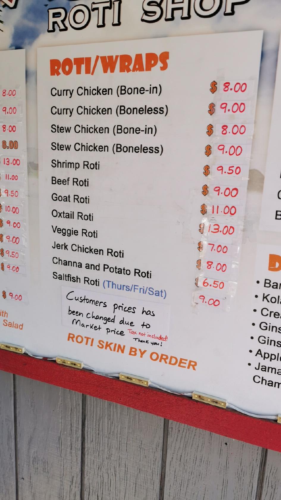 Menu at Asha's Roti Shop restaurant, Baytown