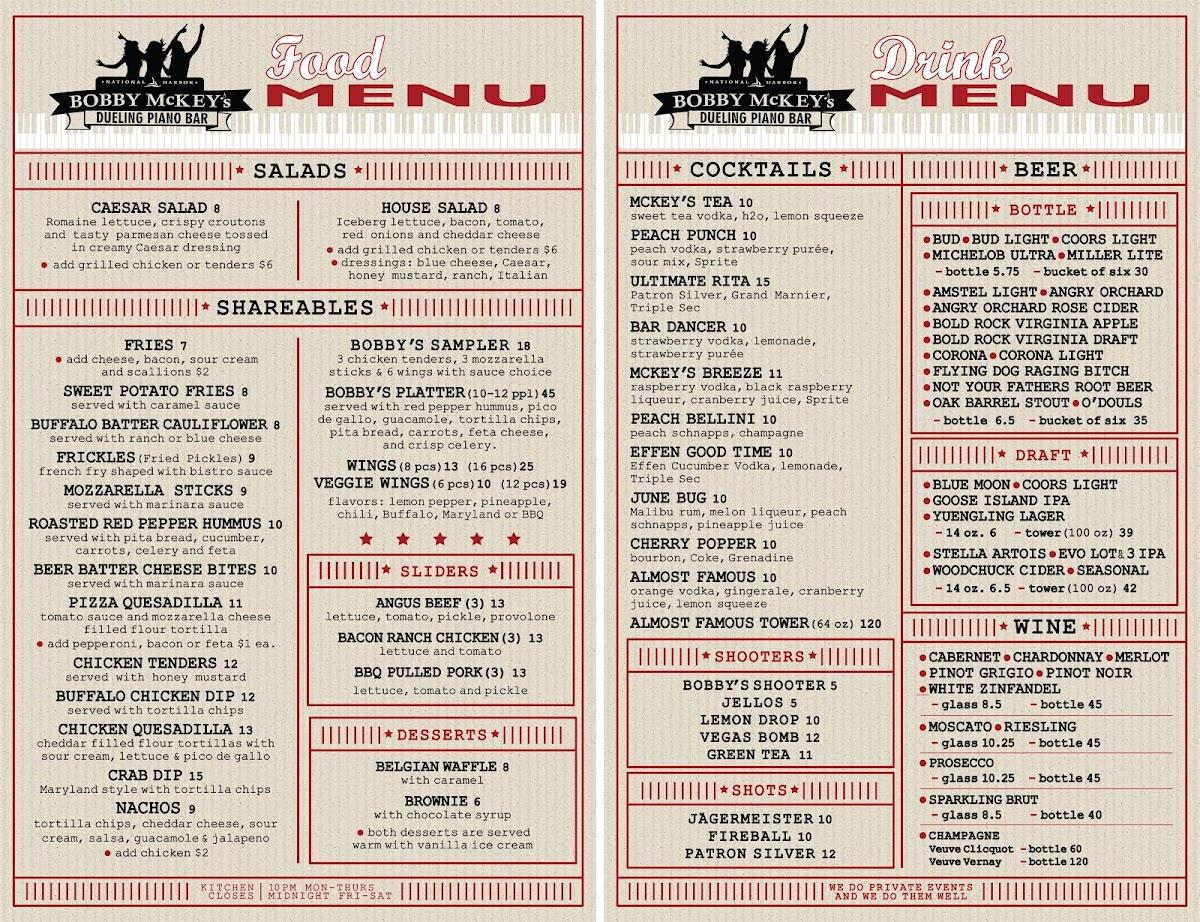 Menu at Bobby McKey's Dueling Piano Bar, Fort Washington