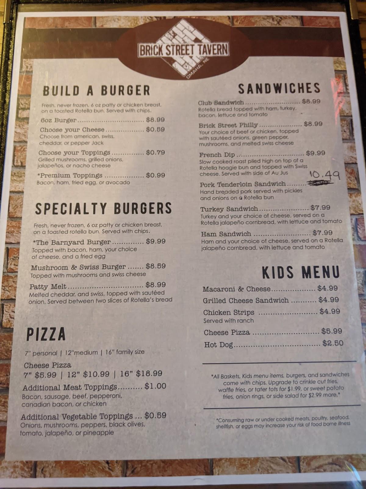 Menu at Brick Street Tavern pub & bar, Omaha