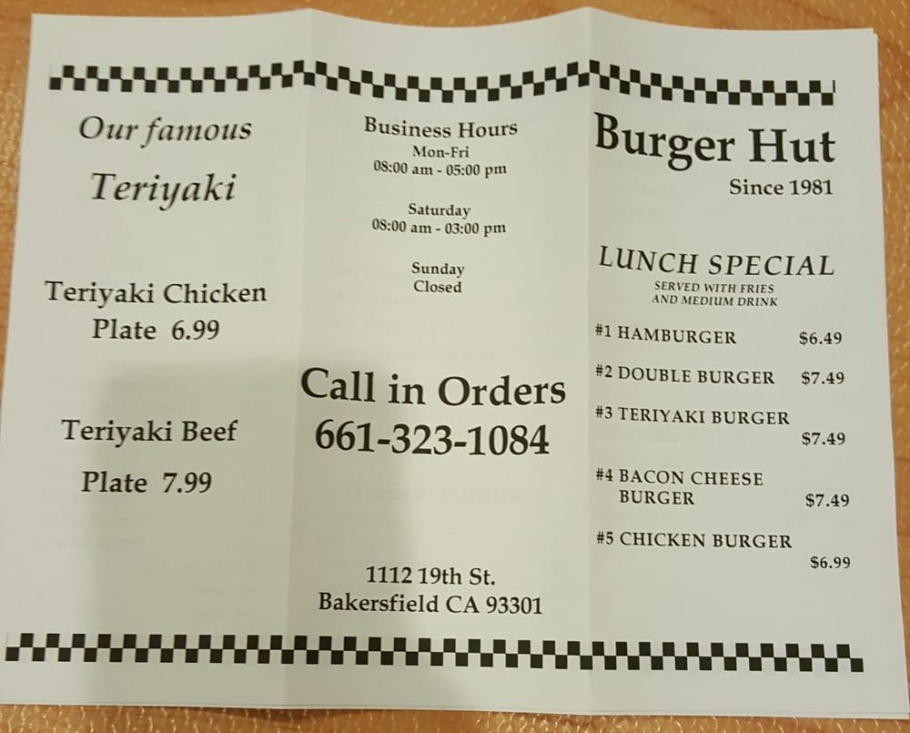 Menu at Burger Hut restaurant, Bakersfield, 19th St
