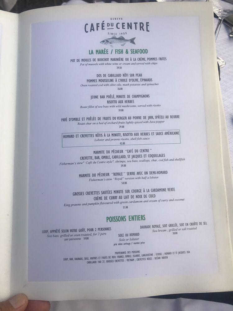 Menu da Café du Centre, Ginevra