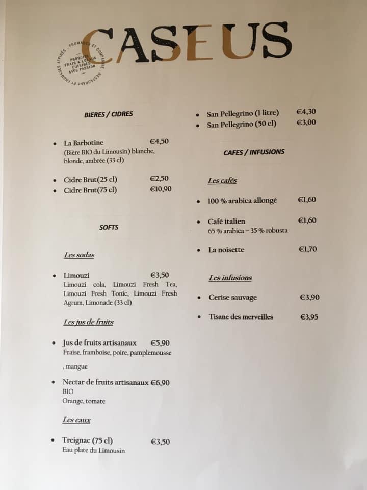 Menu at Caseus restaurant, Limoges