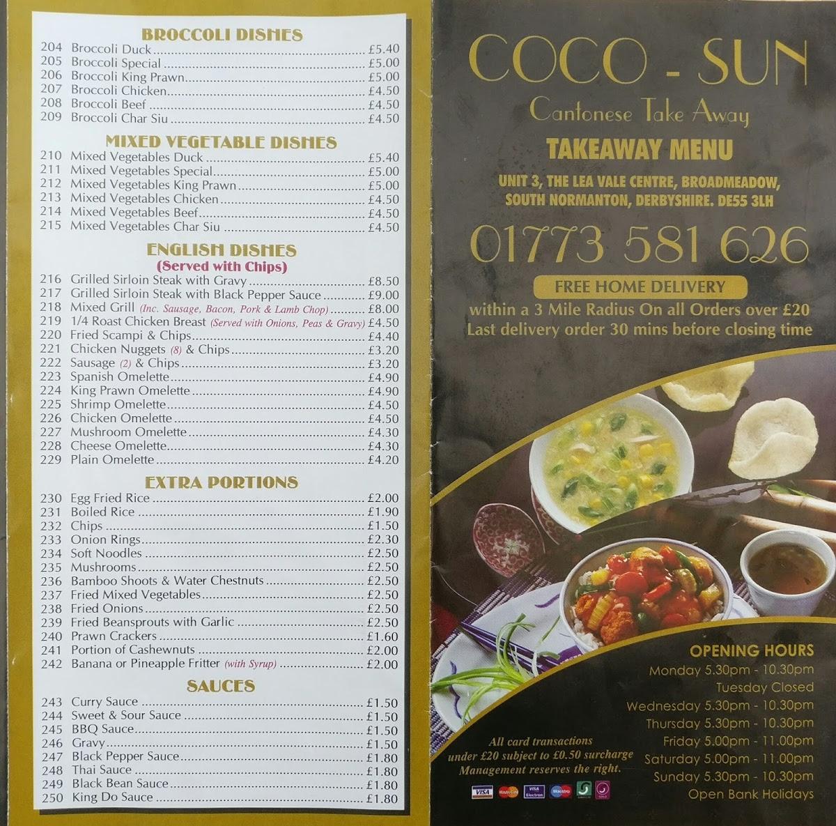 Menu at Coco Sun fast food, Alfreton