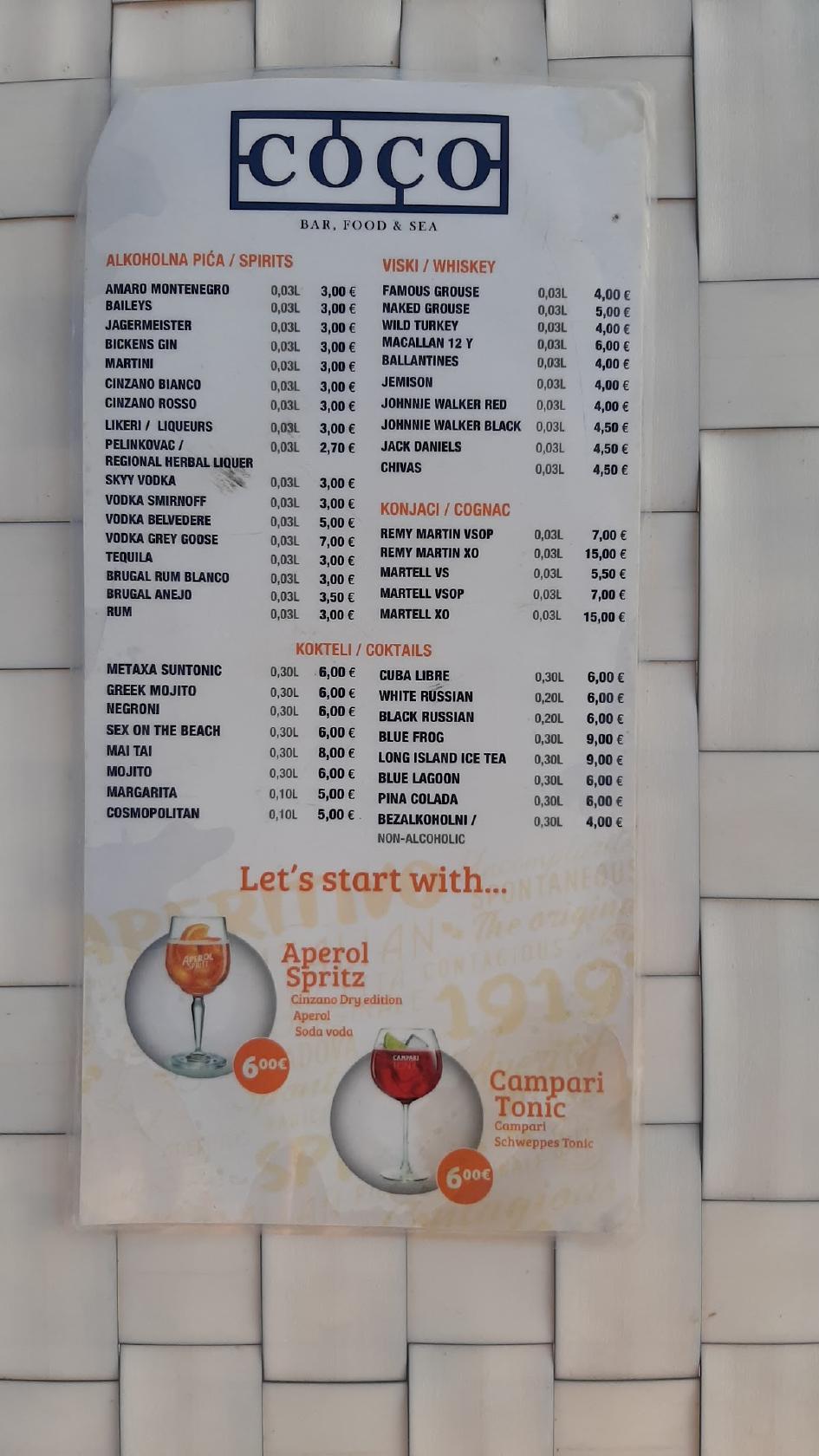 Menu at Coco Bar, Food & Sea, Budva