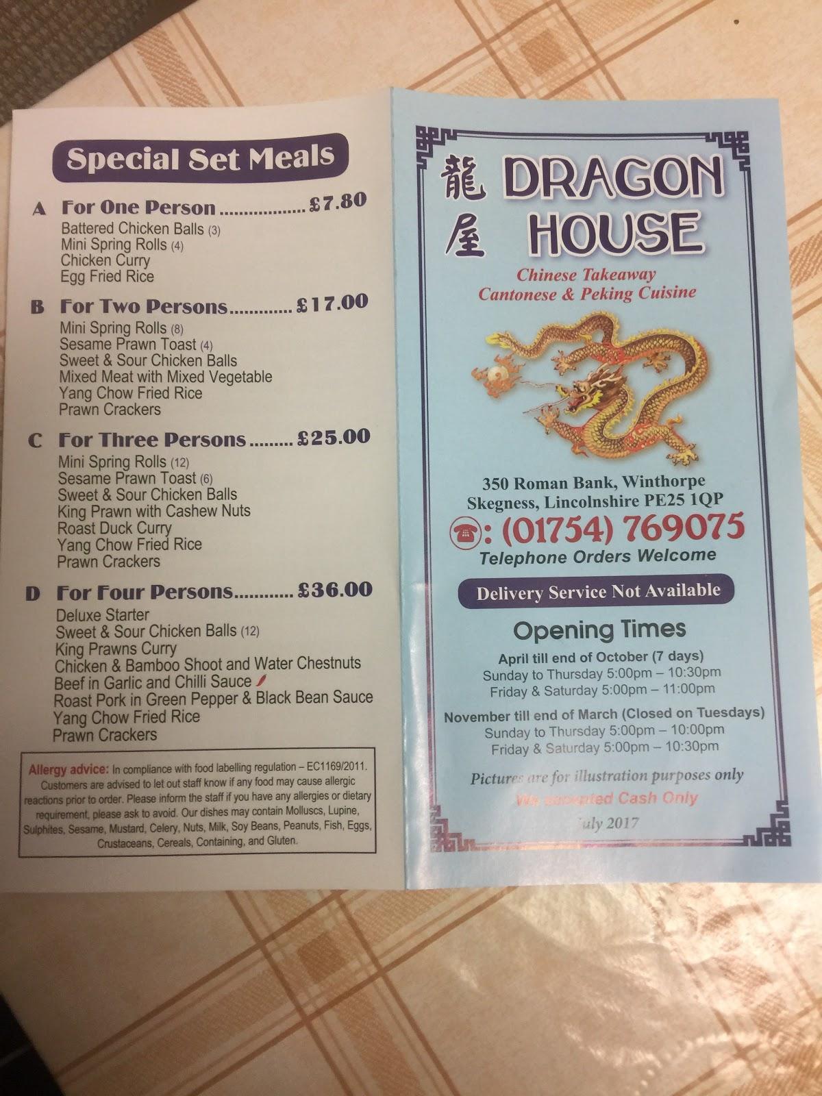 Menu at Dragon House restaurant, Skegness