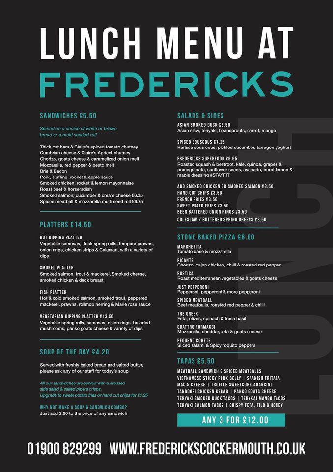Menu at Frederick's restaurant, Cockermouth